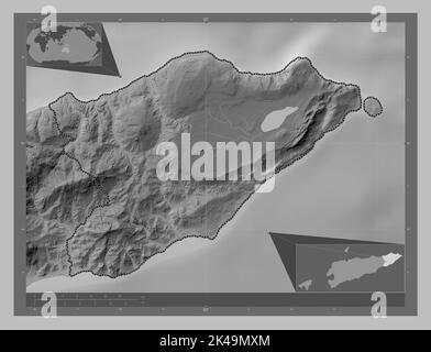 Lautem, municipality of East Timor. Grayscale elevation map with lakes ...