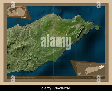 Lautem, municipality of East Timor. Low resolution satellite map. Locations of major cities of ...