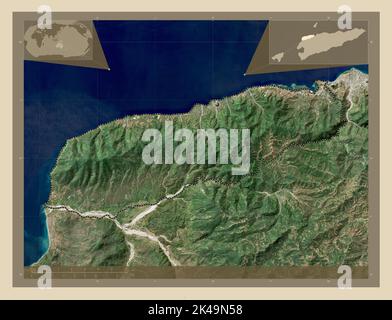 Liquica, municipality of East Timor. High resolution satellite map. Locations and names of major ...