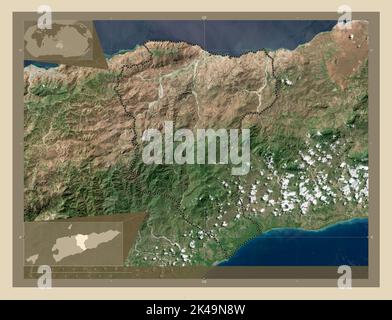 Manatuto, municipality of East Timor. High resolution satellite map. Corner auxiliary location ...