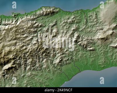 Manatuto, municipality of East Timor. Colored elevation map with lakes and rivers. Locations and ...