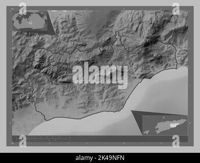 Viqueque, municipality of East Timor. Grayscale elevation map with ...