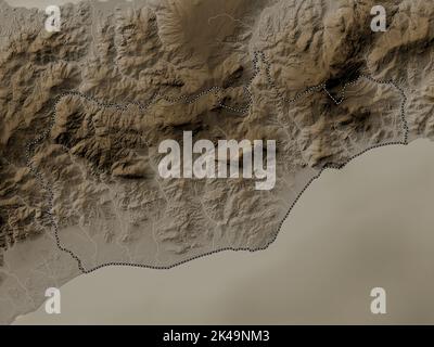 Viqueque, municipality of East Timor. Elevation map colored in sepia ...