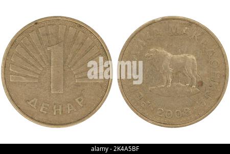5 Macedonian Denar (MKD) coin with both sides on isolated white ...