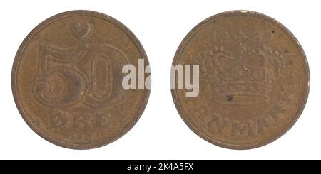 1 Danish Crown (DKK) coin with both sides on isolated white background ...