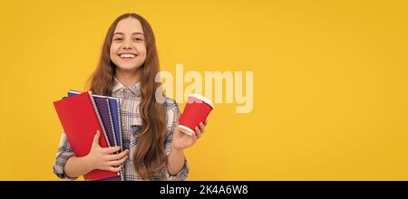 knowledge day. kid in checkered shirt with notebook and tea cup on ...