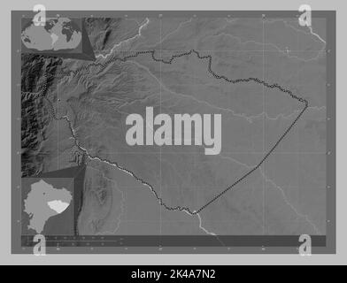 Pastaza, province of Ecuador. Grayscale elevation map with lakes and ...