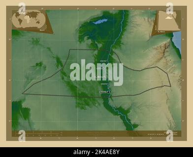 Al Minya, governorate of Egypt. Colored elevation map with lakes and ...
