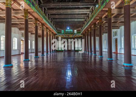 Colourful interior timber hall and structure of Chinese Dungan Uyghur ...