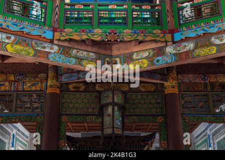 Colourful interior timber hall and structure of Chinese Dungan Uyghur ...