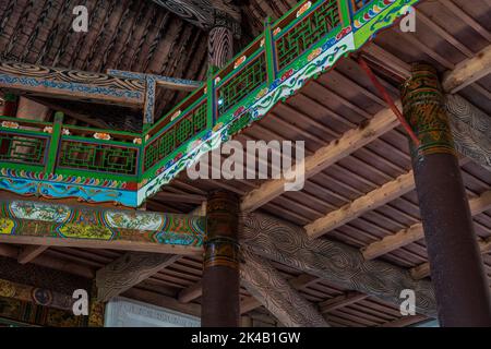 Colourful interior timber hall and structure of Chinese Dungan Uyghur ...