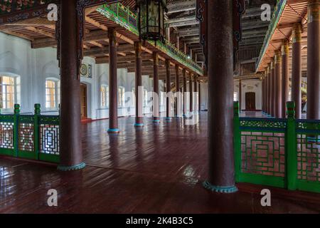 Colourful interior timber hall and structure of Chinese Dungan Uyghur ...