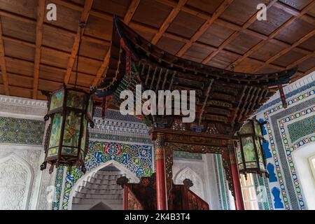 Colourful interior timber hall and structure of Chinese Dungan Uyghur ...