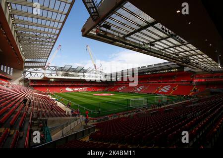 General view inside Anfield stadium from The Kop stand. Premier League ...