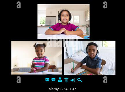 Video call interface with schoolchildren on screen. communication ...