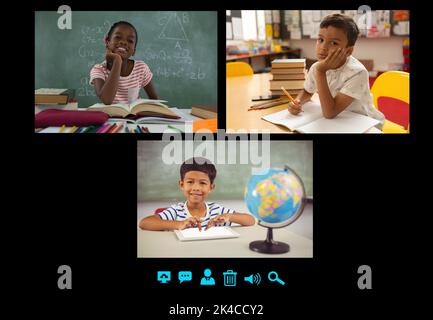 Video call interface with schoolchildren on screen. communication ...