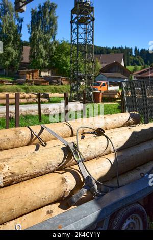 A vertical shot of tied wooden logs Stock Photo - Alamy