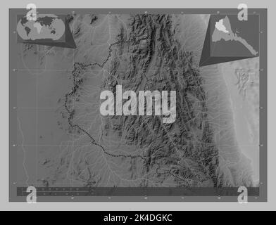 Anseba, region of Eritrea. Grayscale elevation map with lakes and ...