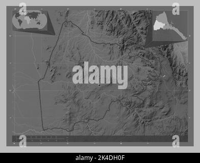 Gash Barka, region of Eritrea. Grayscale elevation map with lakes and ...