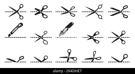 Cut lines, scissor, utility knife cutting lines, vector black dash ...