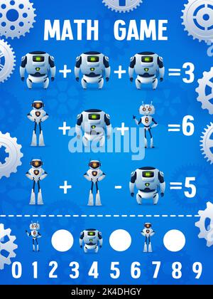 Cartoon robots and droids math game worksheet. Educational vector maze ...