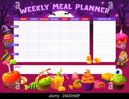 Weekly meal planner, cartoon candy, pastry and cake characters. Vector ...