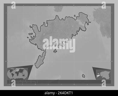 Saare, county of Estonia. Grayscale elevation map with lakes and rivers ...
