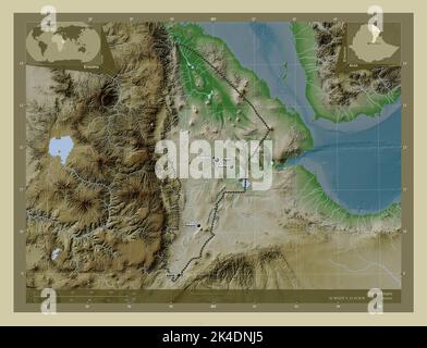 Afar, state of Ethiopia. Colored elevation map with lakes and rivers ...