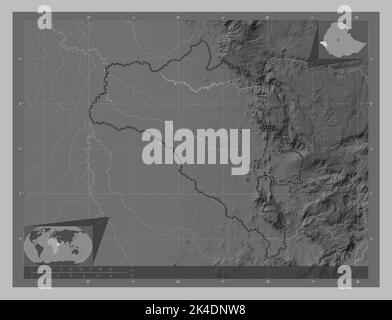 Gambela Peoples, state of Ethiopia. Grayscale elevation map with lakes ...