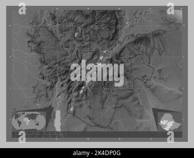 Oromia, state of Ethiopia. Grayscale elevation map with lakes and ...