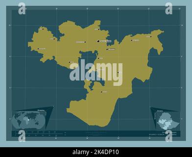 Oromia, state of Ethiopia. Solid color shape. Locations of major cities ...