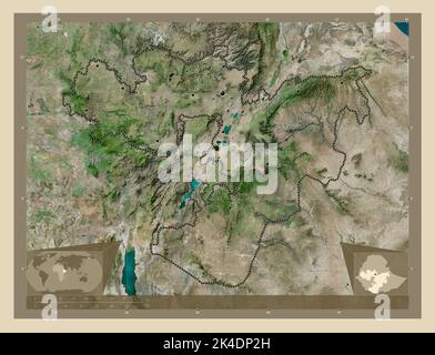 Oromia, state of Ethiopia. Low resolution satellite map. Locations and ...