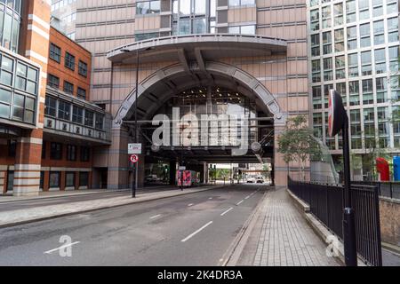 Road under 125 London Wall, also known as Alban Gate, a postmodernist ...