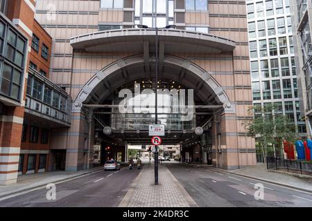 Road under 125 London Wall, also known as Alban Gate, a postmodernist ...