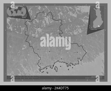 Kymenlaakso, region of Finland. Grayscale elevation map with lakes and ...