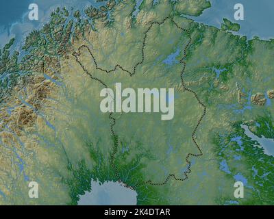 Lapland, region of Finland. Colored elevation map with lakes and rivers ...