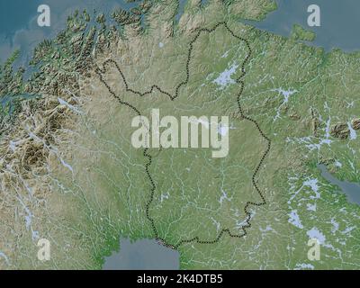 Lapland, region of Finland. Colored elevation map with lakes and rivers ...