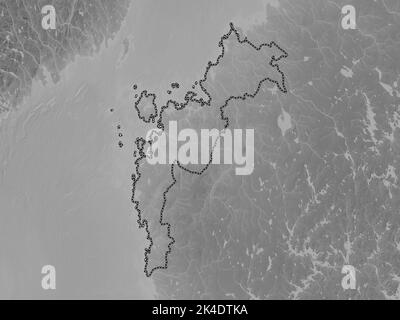 Ostrobothnia, region of Finland. Grayscale elevation map with lakes and ...