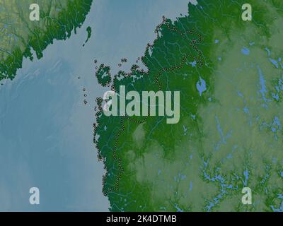 Ostrobothnia, region of Finland. Colored elevation map with lakes and ...