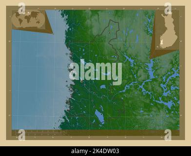Satakunta, region of Finland. Colored elevation map with lakes and ...