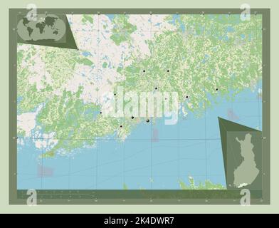 Uusimaa, region of Finland. Open Street Map. Corner auxiliary location ...