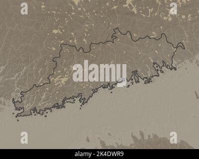 Uusimaa, region of Finland. Colored elevation map with lakes and rivers ...