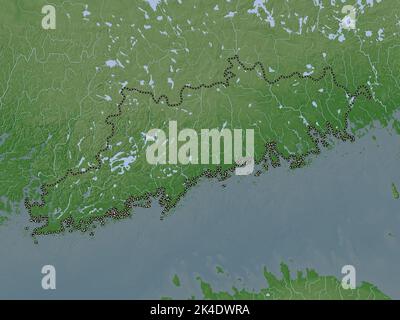 Uusimaa, region of Finland. Colored elevation map with lakes and rivers ...