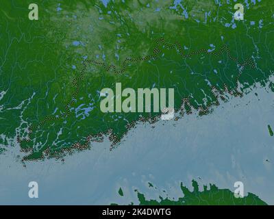 Uusimaa, region of Finland. Colored elevation map with lakes and rivers ...