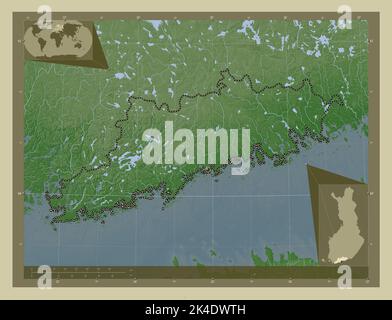 Uusimaa, region of Finland. Colored elevation map with lakes and rivers ...