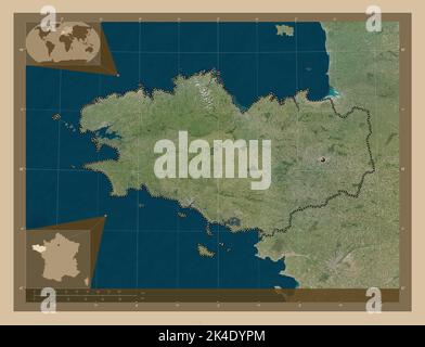 Bretagne, region of France. Low resolution satellite map. Locations of ...