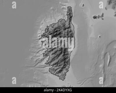 Corse, region of France. Grayscale elevation map with lakes and rivers ...