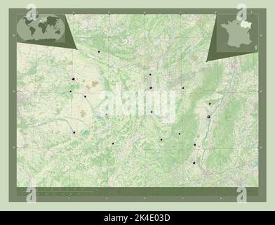 Grand Est, region of France. Open Street Map. Locations and names of ...