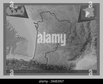 Nouvelle-Aquitaine, region of France. Grayscale elevation map with ...