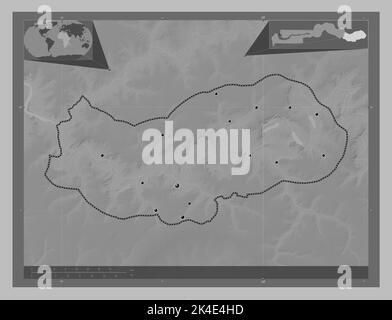 Upper River, division of Gambia. Grayscale elevation map with lakes and ...
